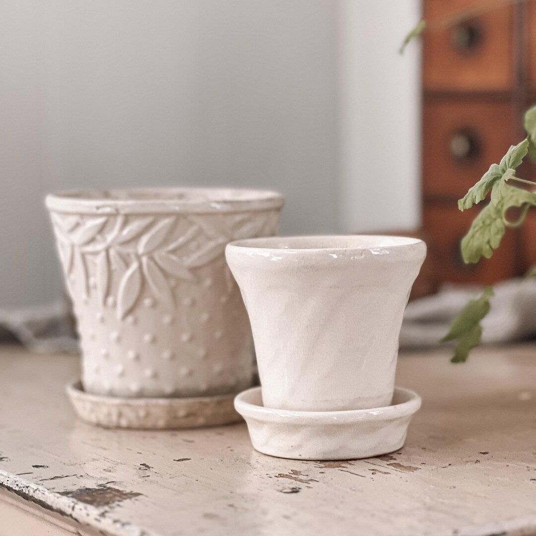 Petite White Pottery Planter Crazed White Planter Spring Decor Floral ...
