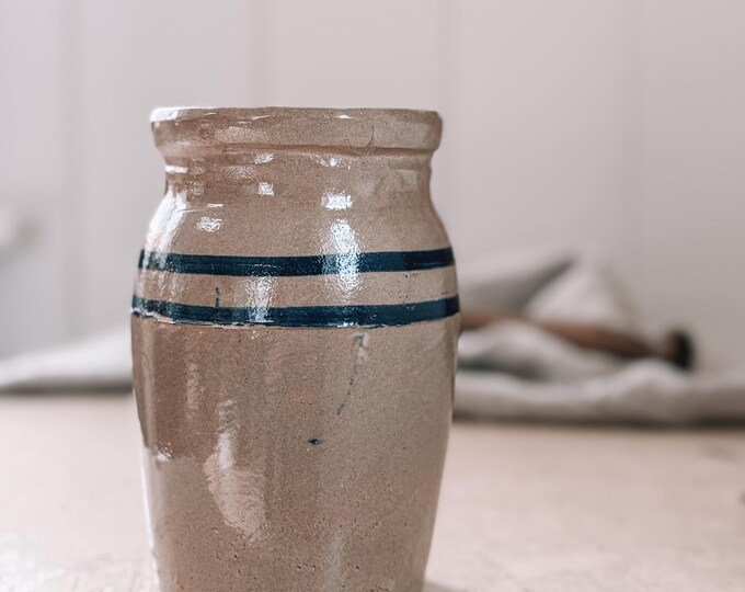 Vintage Tan Salt Glazed Stoneware Crock, Blue Stripe Crock, Farmhouse ...