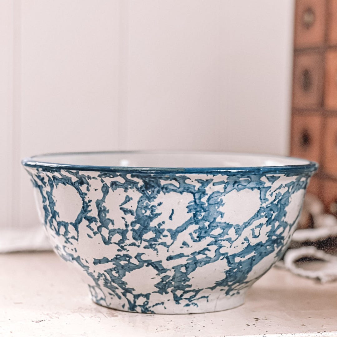 Blue Spongeware Bowl | Blue Sponge Stoneware Pottery Bowl | Blue and ...