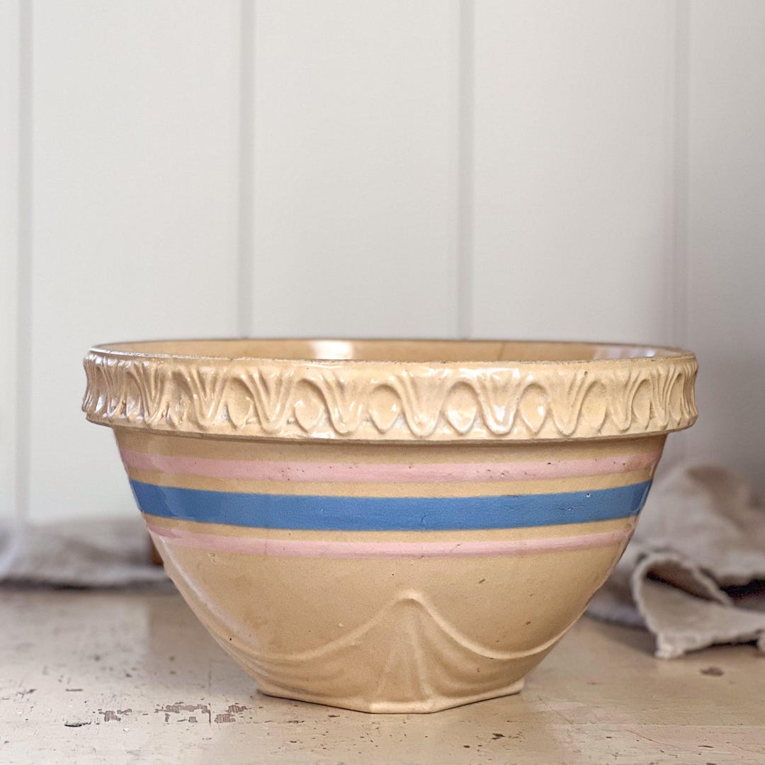Vintage Stoneware Bowl | Yellowware Blue and Pink Stripe Bowl ...