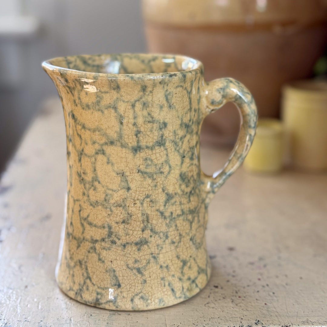 Yellowware + Blue Spongeware Stoneware Pitcher | Spongeware Water Jug ...