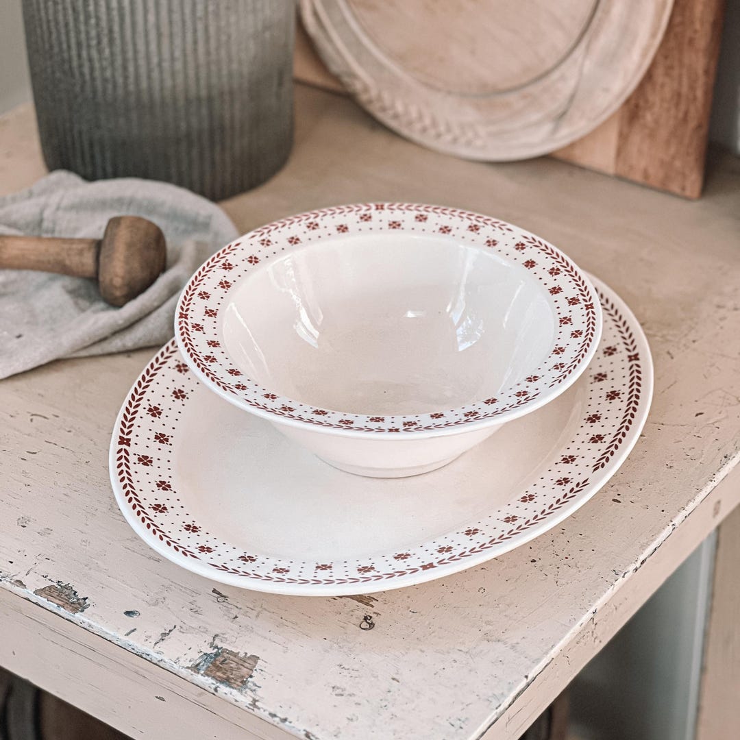 CHOICE Vintage Red Transferware Ironstone Bowl and Platter Stained and ...