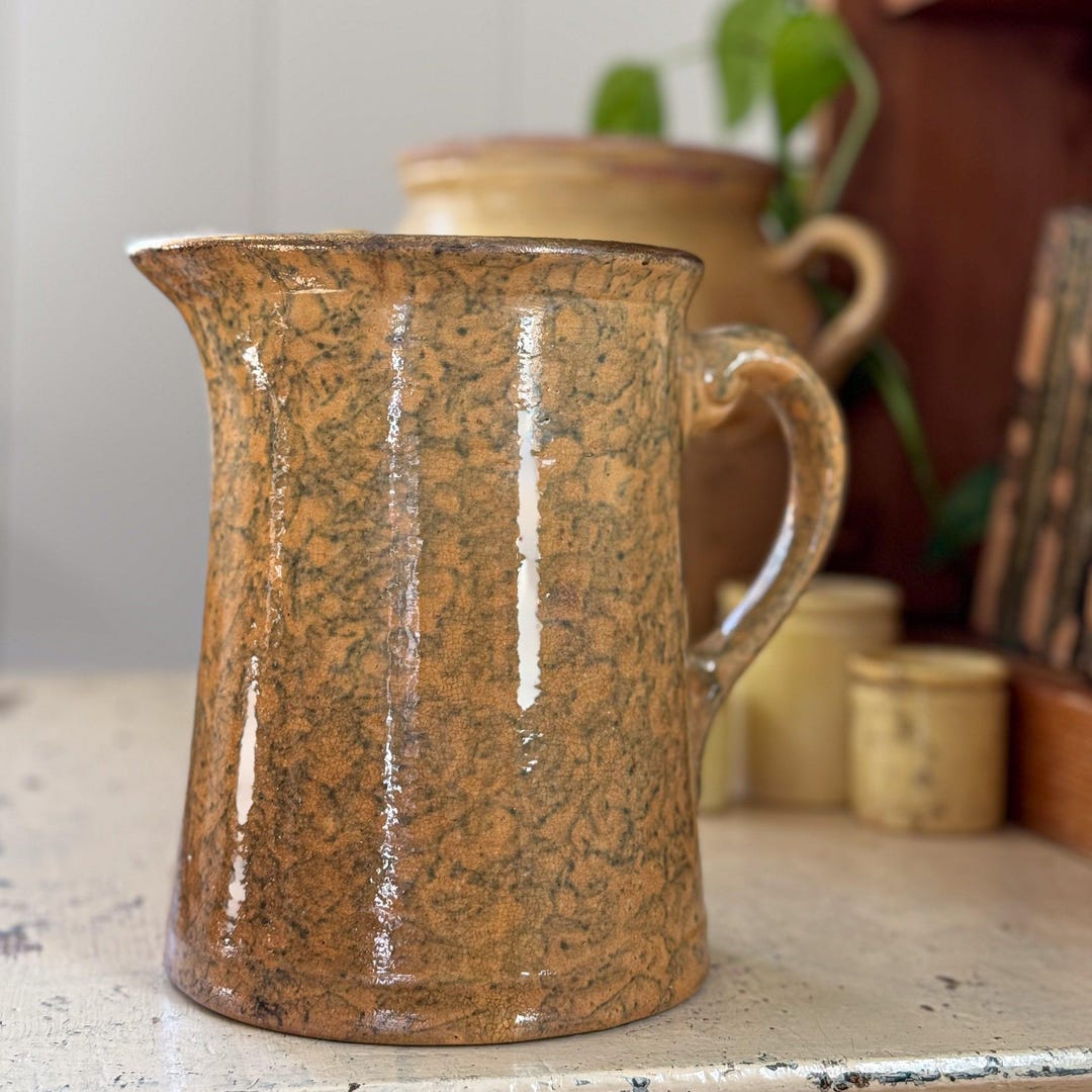 Yellowware + Blue Spongeware Stoneware Pitcher | Spongeware Water Jug ...