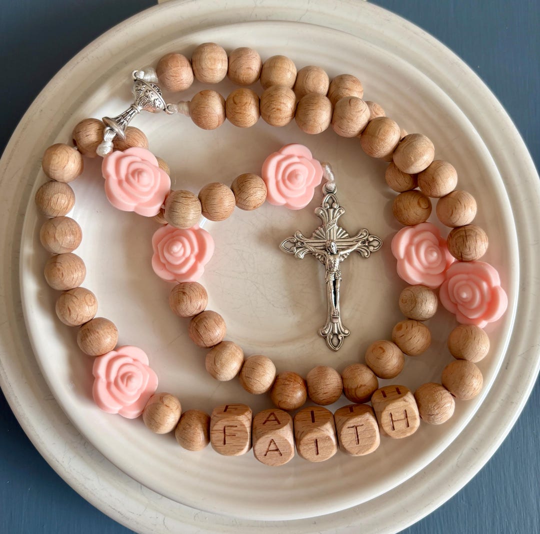 First Communion Rosary With Crucifix | Silicone Rose and Beech Wood ...