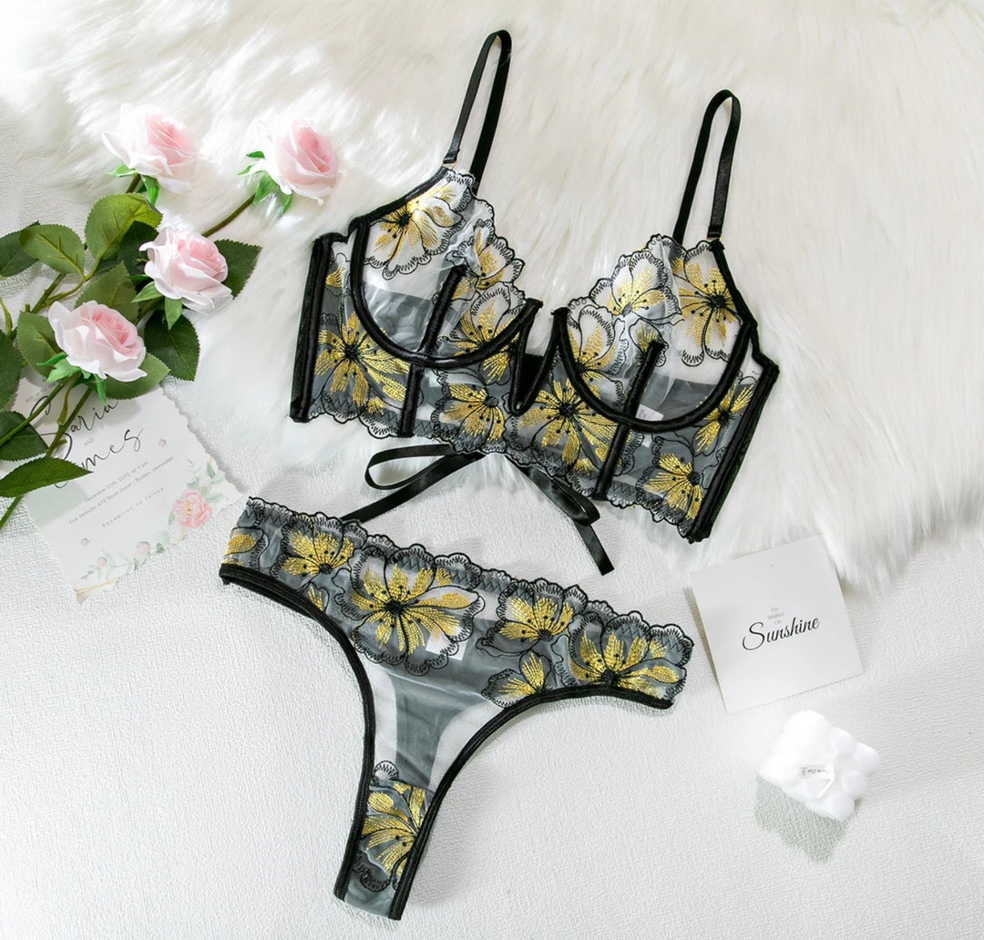 Black Velvet Lingerie 2 Piece Set Beautiful Custom Floral Design