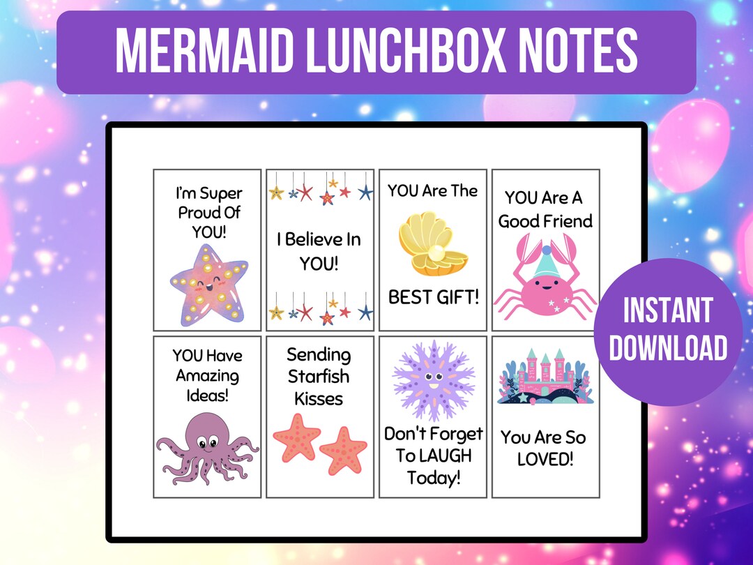 PRINTABLE Mermaid Lunchbox Notes, Positive Affirmation Cards for School ...