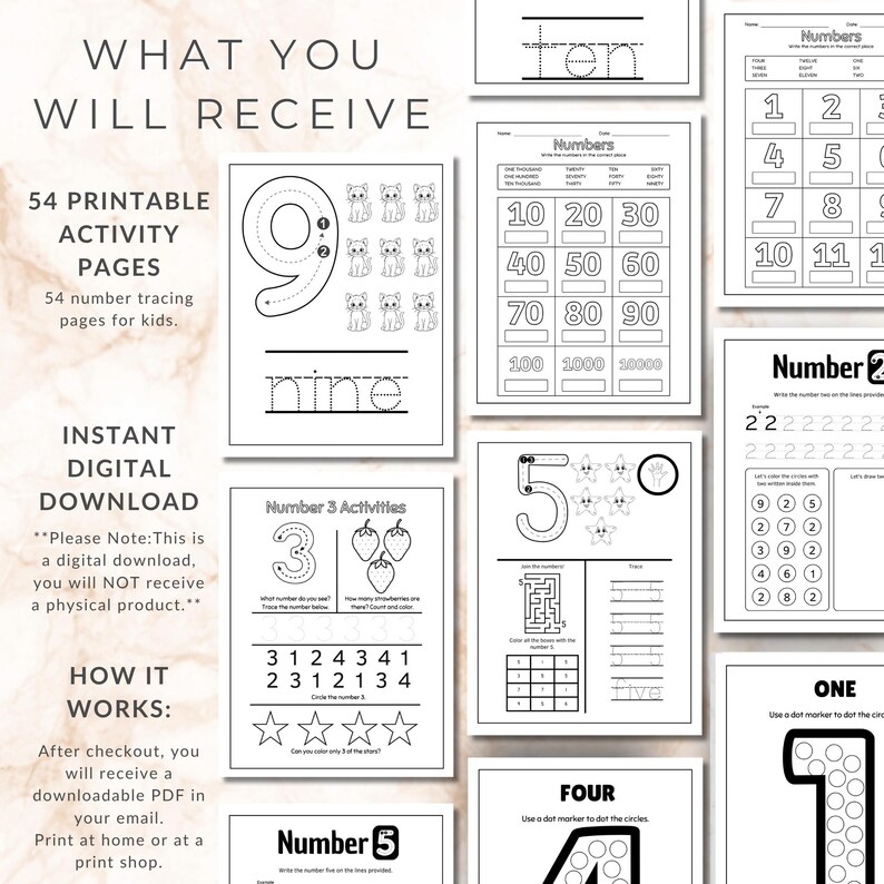 Number Worksheets: Counting, Tracing, Coloring Activities (PDF Instant ...