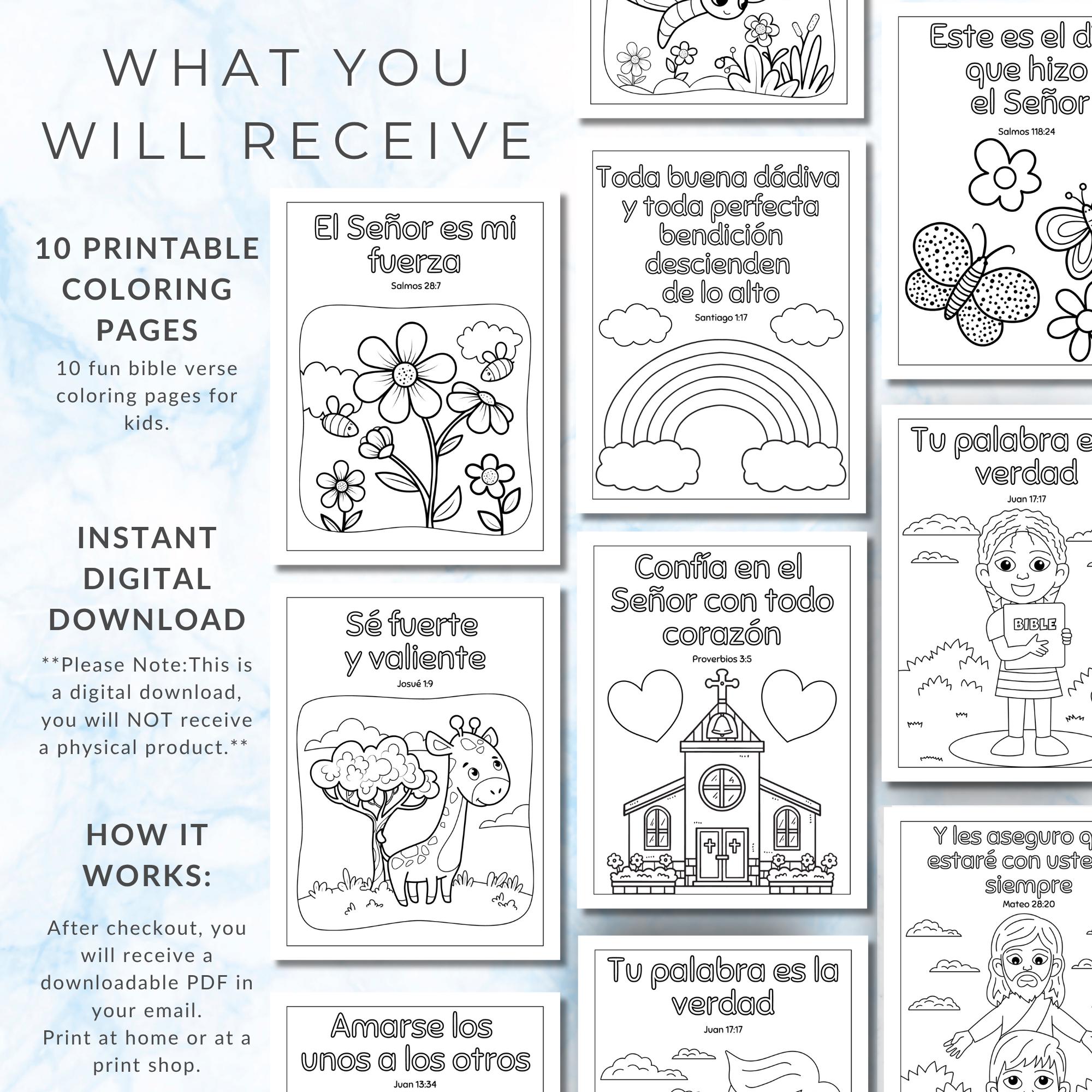 Spanish Bible Verse Coloring Pages for Kids: Sunday School VBS (PDF ...