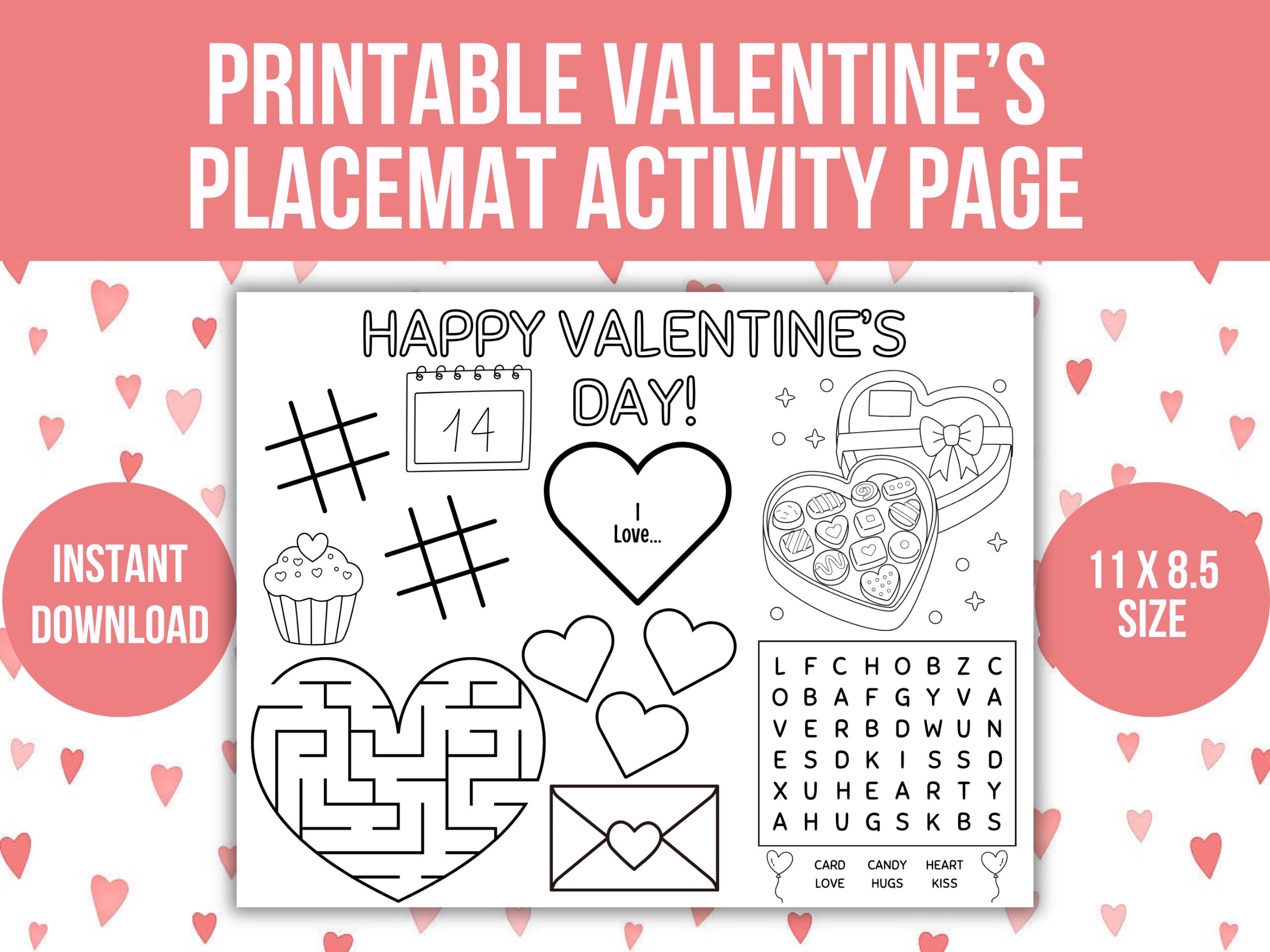 Printable Valentine's Day Placemat, Valentine's Activity Page, Happy ...