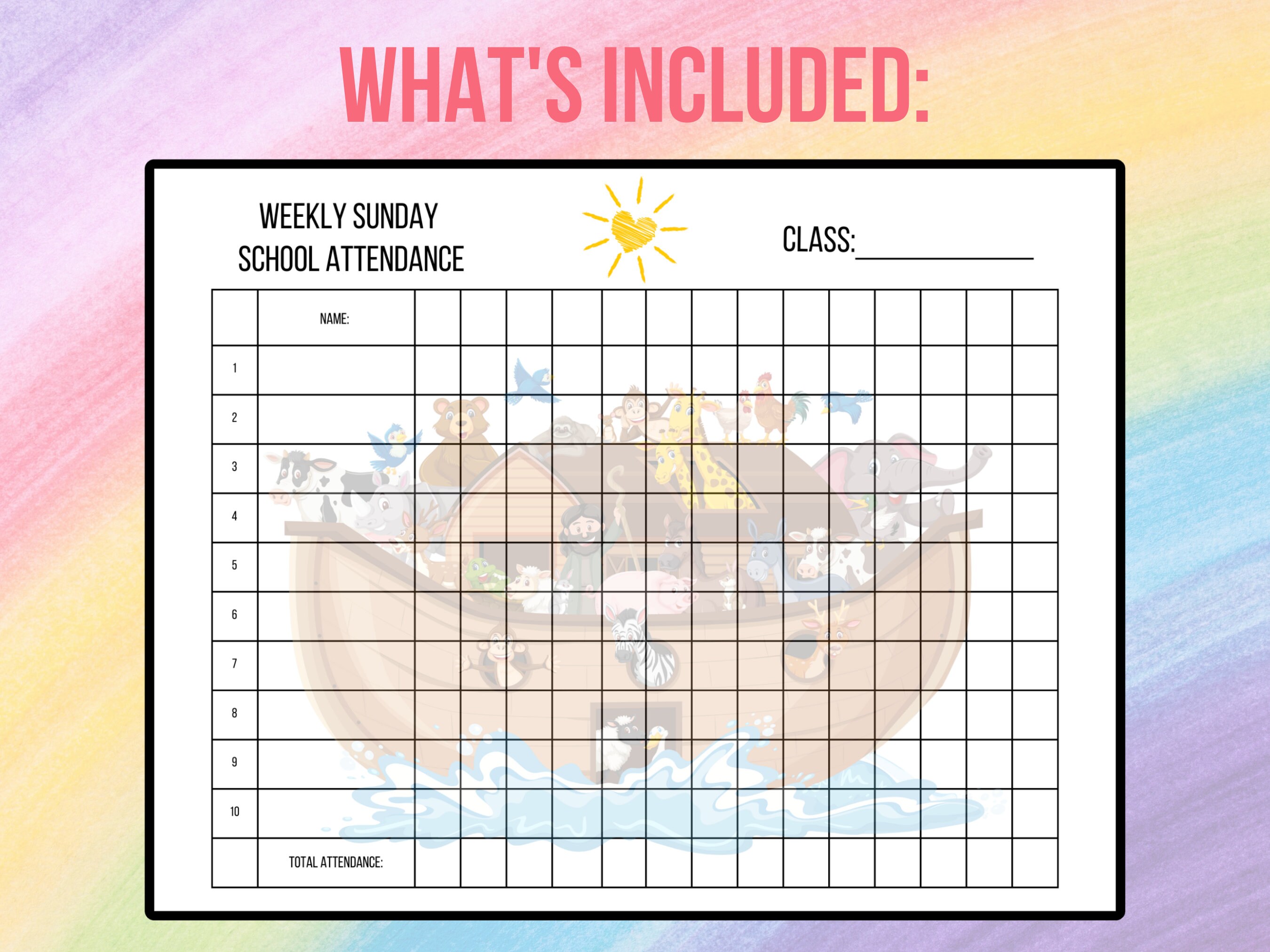 PRINTABLE Sunday School Attendance Sheet Weekly Chart Kids - Etsy