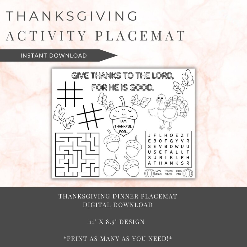 Thanksgiving Kids Activity Placemat: Games, Coloring, Puzzles (instant ...