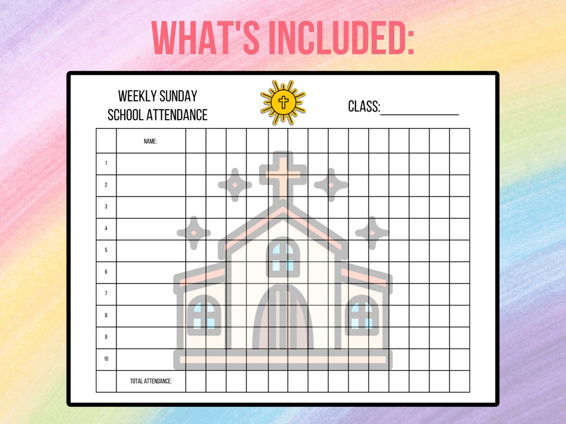 PRINTABLE Sunday School Attendance Sheets, Weekly Chart, Kids Church ...