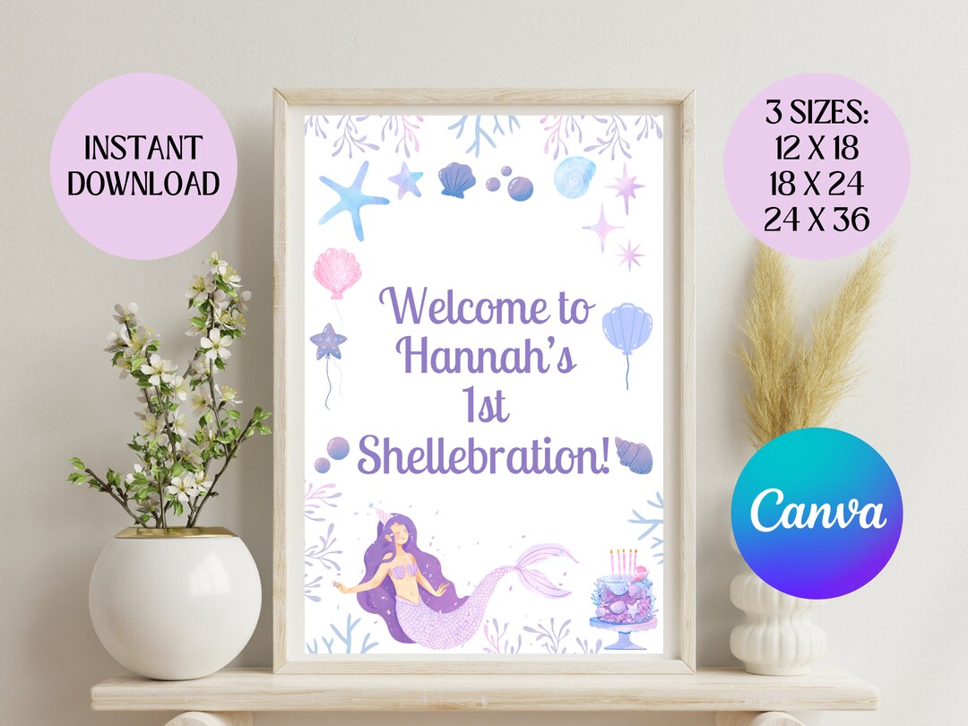 Editable Mermaid Birthday Welcome Sign: Shellebration Party Decor ...