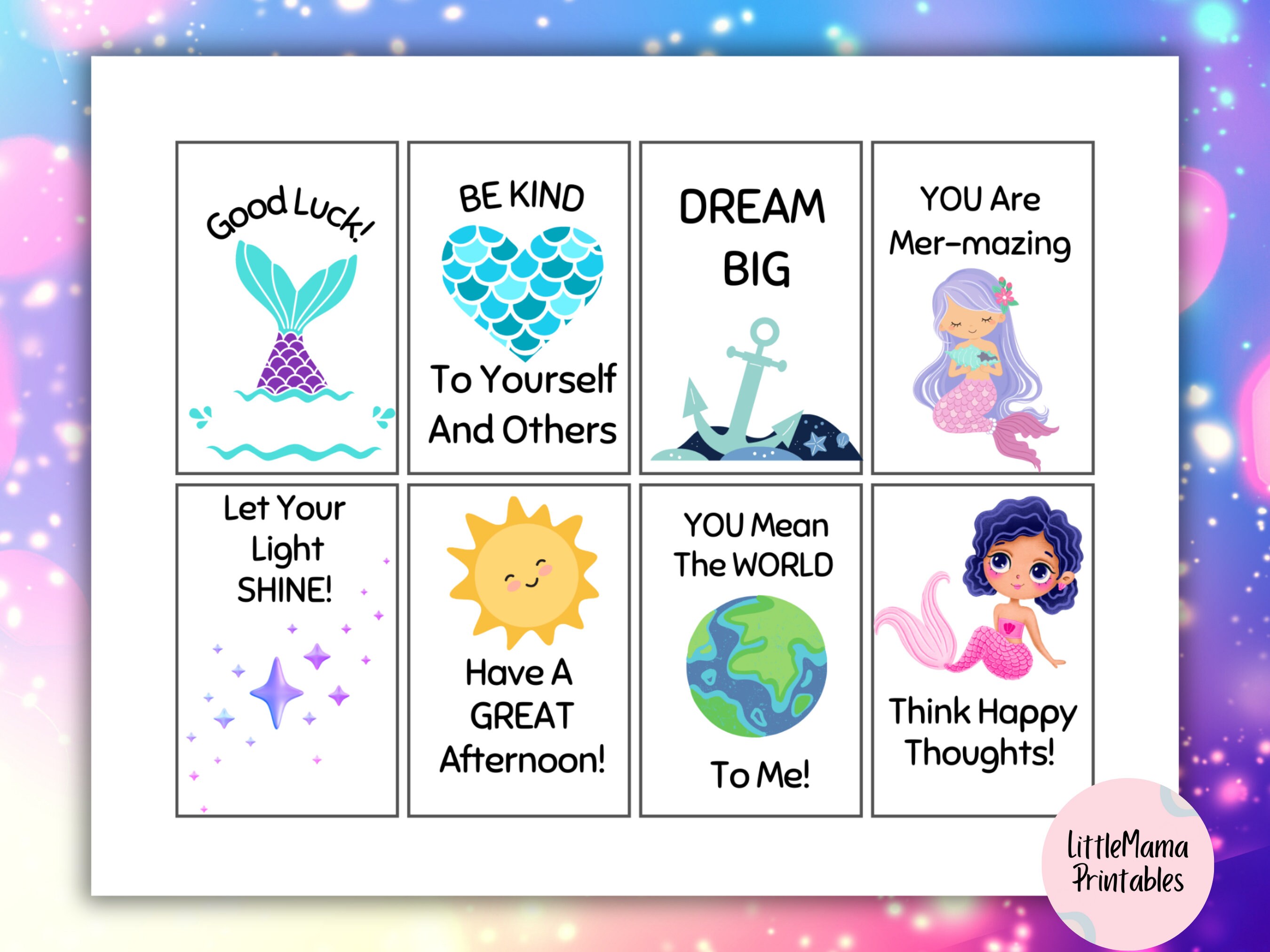 PRINTABLE Mermaid Lunchbox Notes, Positive Affirmation Cards for School ...