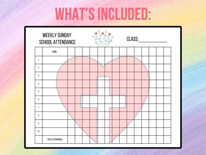 PRINTABLE Sunday School Attendance Sheets, Weekly Chart, Kids Church ...