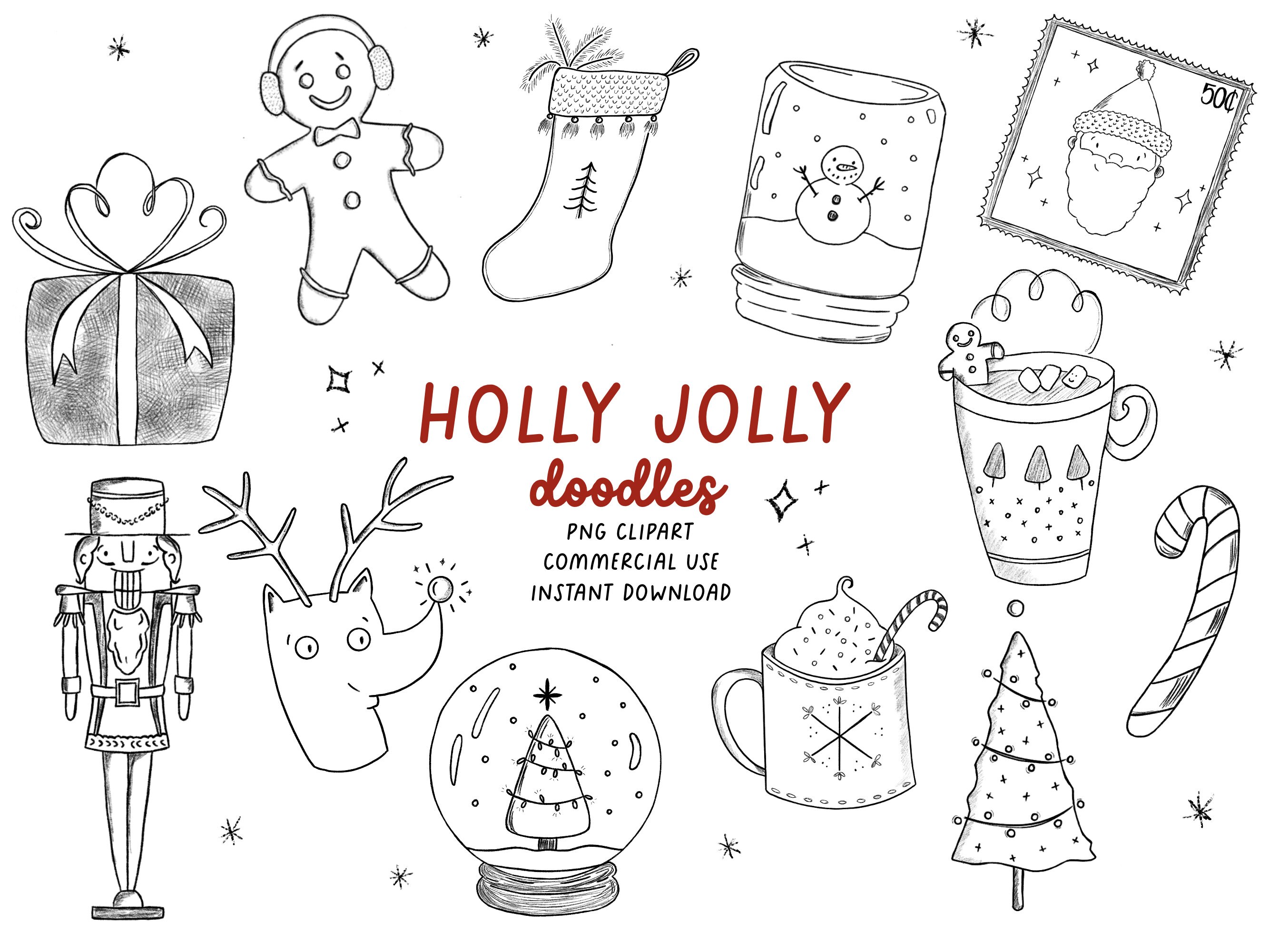 Holly Jolly Christmas Holiday Doodle Clip Art - 36 PNG Graphic Designs ...