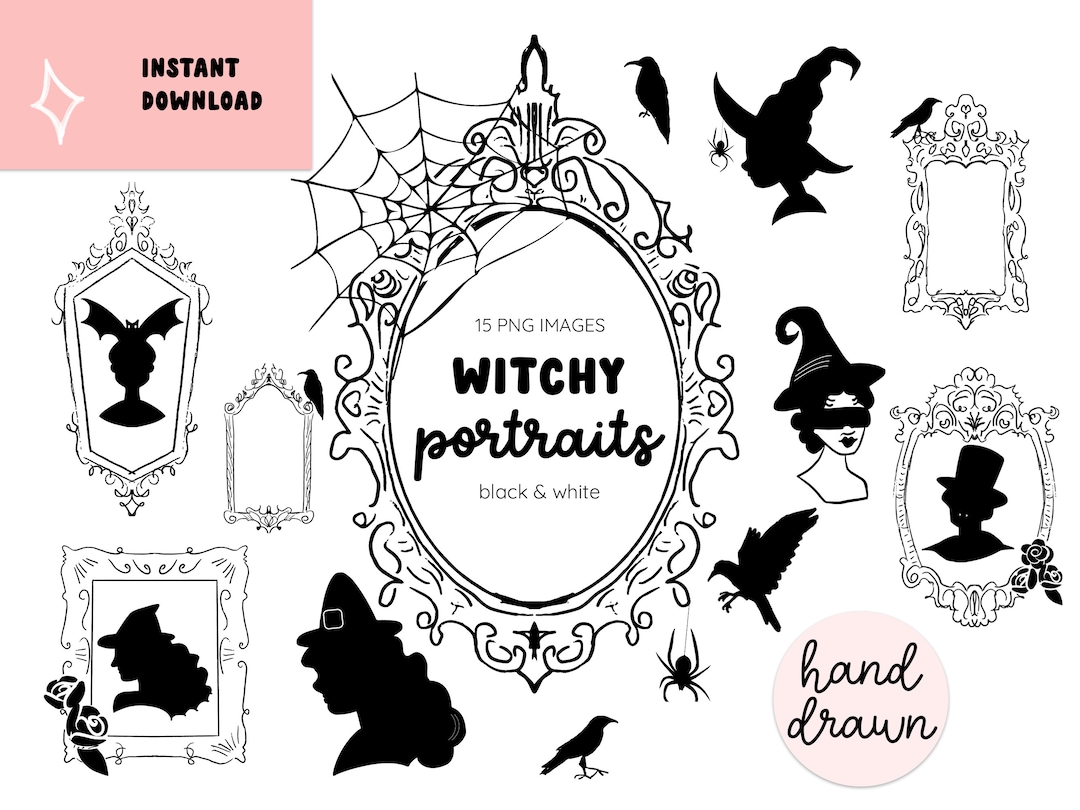 Witchy Portrait Clip Art, Gothic Frames Witch Doodle Black & White ...