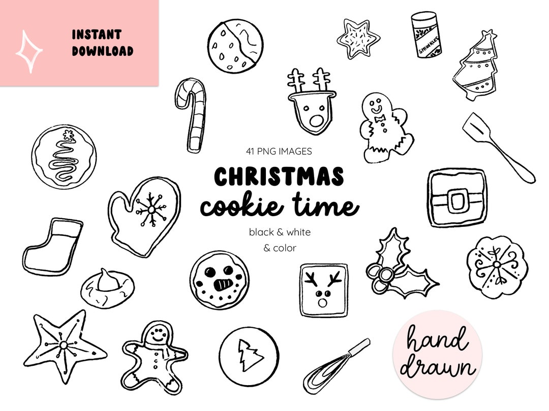 Christmas Cookie Clip Art, Holiday Baking Hand-drawn Black and White ...