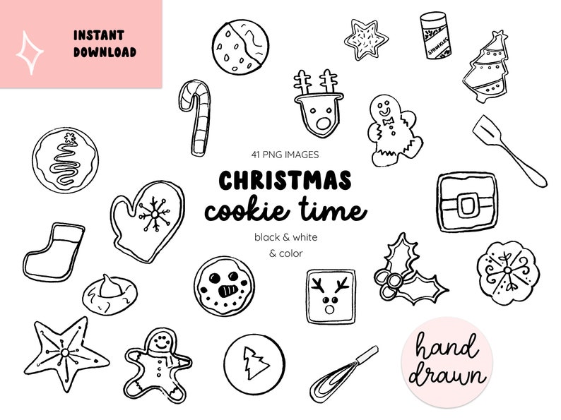 Christmas Cookie Clip Art, Holiday Baking Hand-drawn Black and White ...
