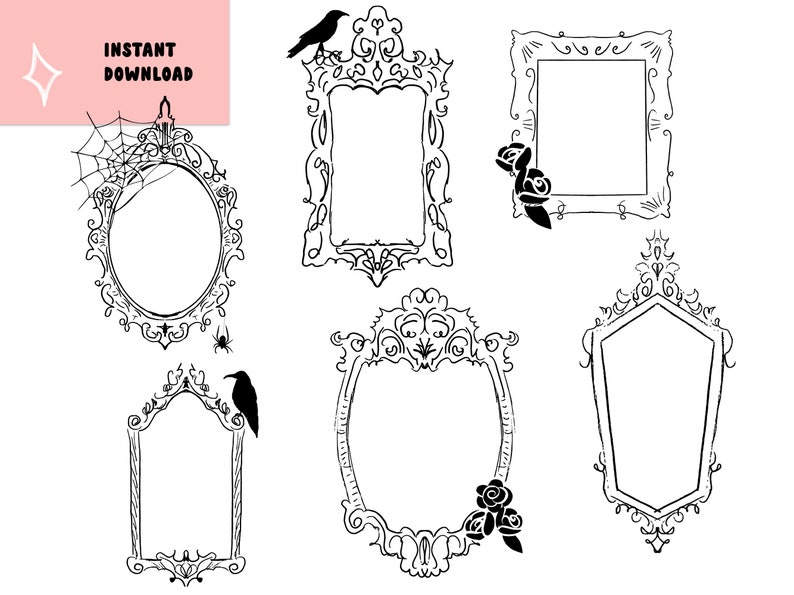 Witchy Portrait Clip Art, Gothic Frames Witch Doodle Black & White Graphic, Digital, Halloween ...