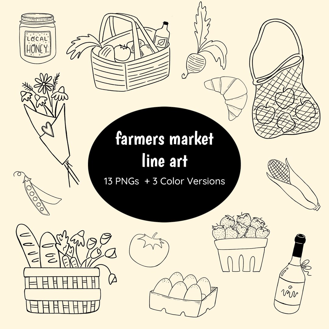 Farmers Market Line Art Clipart, PNG Graphic, Hand Drawn Clipart ...