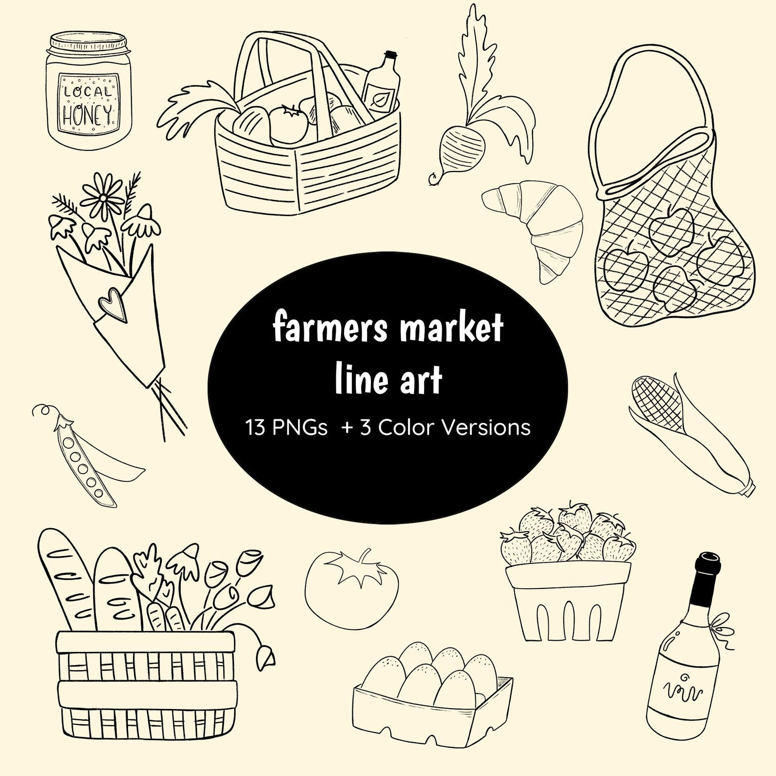 Farmers Market Line Art Clipart, PNG Graphic, Hand Drawn Clipart ...