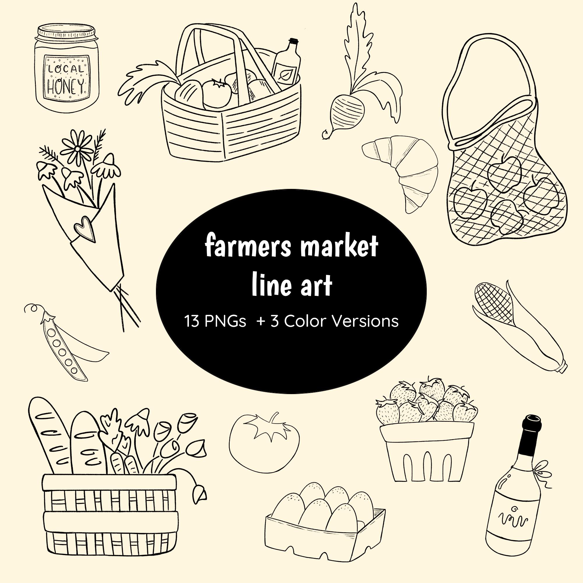 Farmers Market Line Art Clipart, PNG Graphic, Hand Drawn Clipart ...