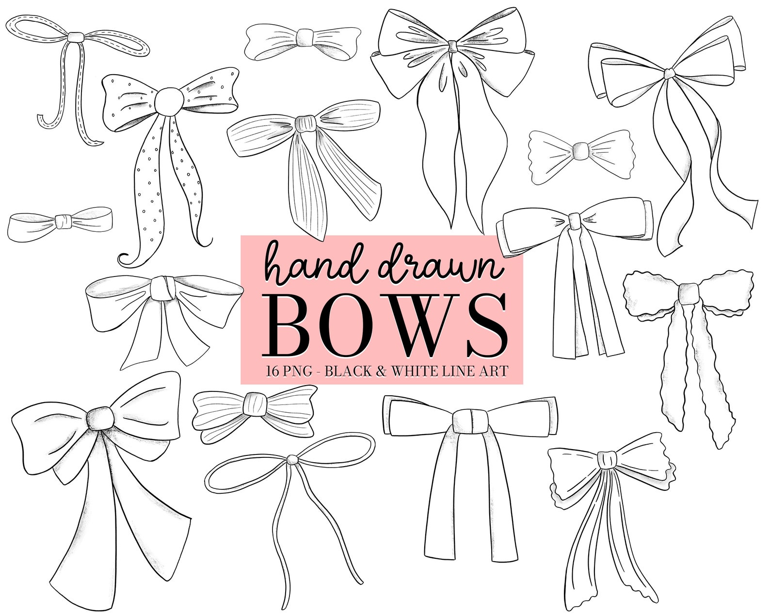 Hand Drawn Bows Doodle Clip Art, Coquette Digital Graphic, Pencil ...