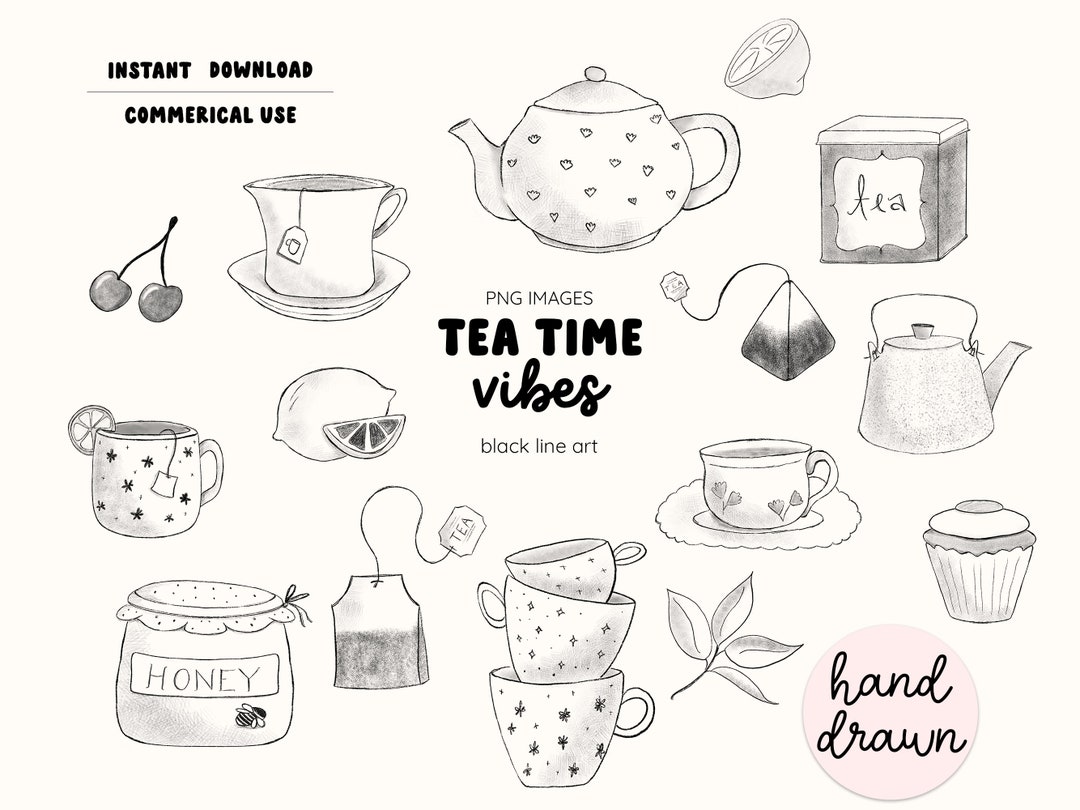 Tea Time Vibes Doodle Clip Art, Cozy Tea Digital Graphic, Pencil Sketch ...