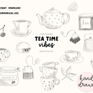 Tea Time Vibes Doodle Clip Art, Cozy Tea Digital Graphic, Pencil Sketch ...