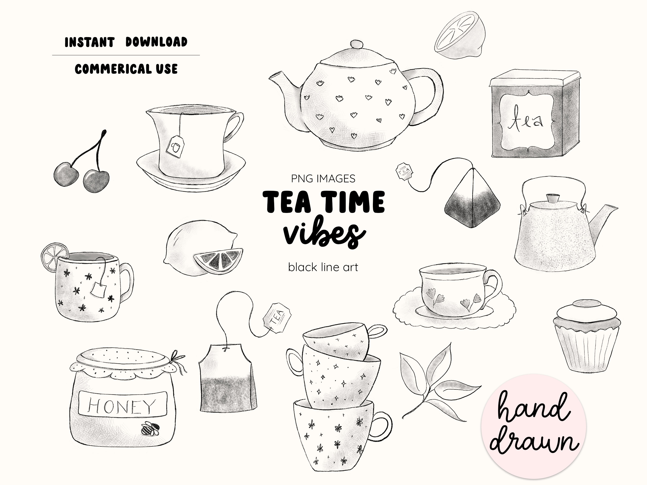 Tea Time Vibes Doodle Clip Art, Cozy Tea Digital Graphic, Pencil Sketch ...
