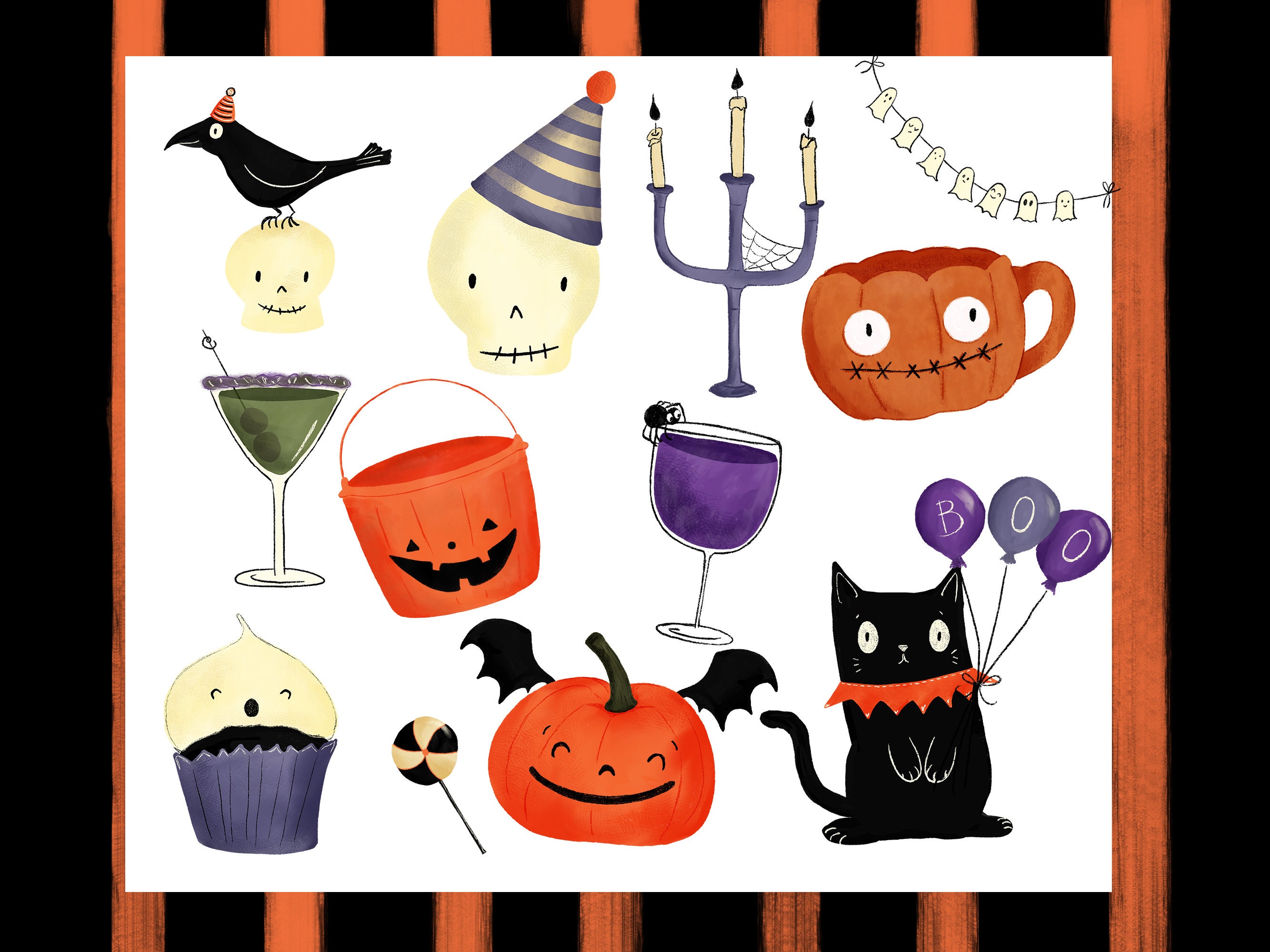 Cute Halloween Party Clipart Watercolor, Hand Drawn Spooky Season PNG ...