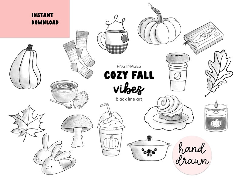 Cozy Fall Doodle Clip Art, Autumn PNG Digital Graphic, Pencil Sketch ...