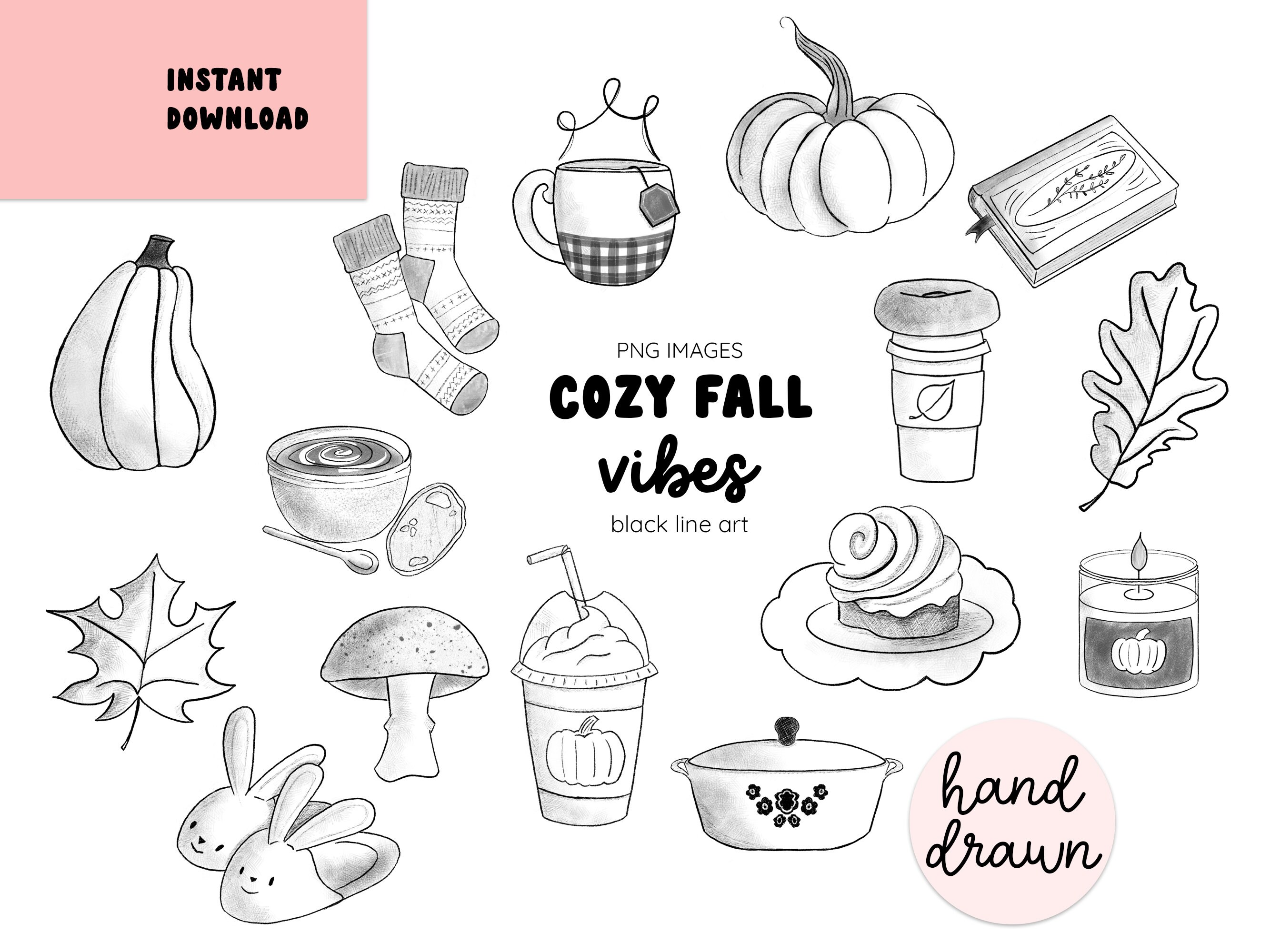 Cozy Fall Doodle Clip Art, Autumn PNG Digital Graphic, Pencil Sketch ...