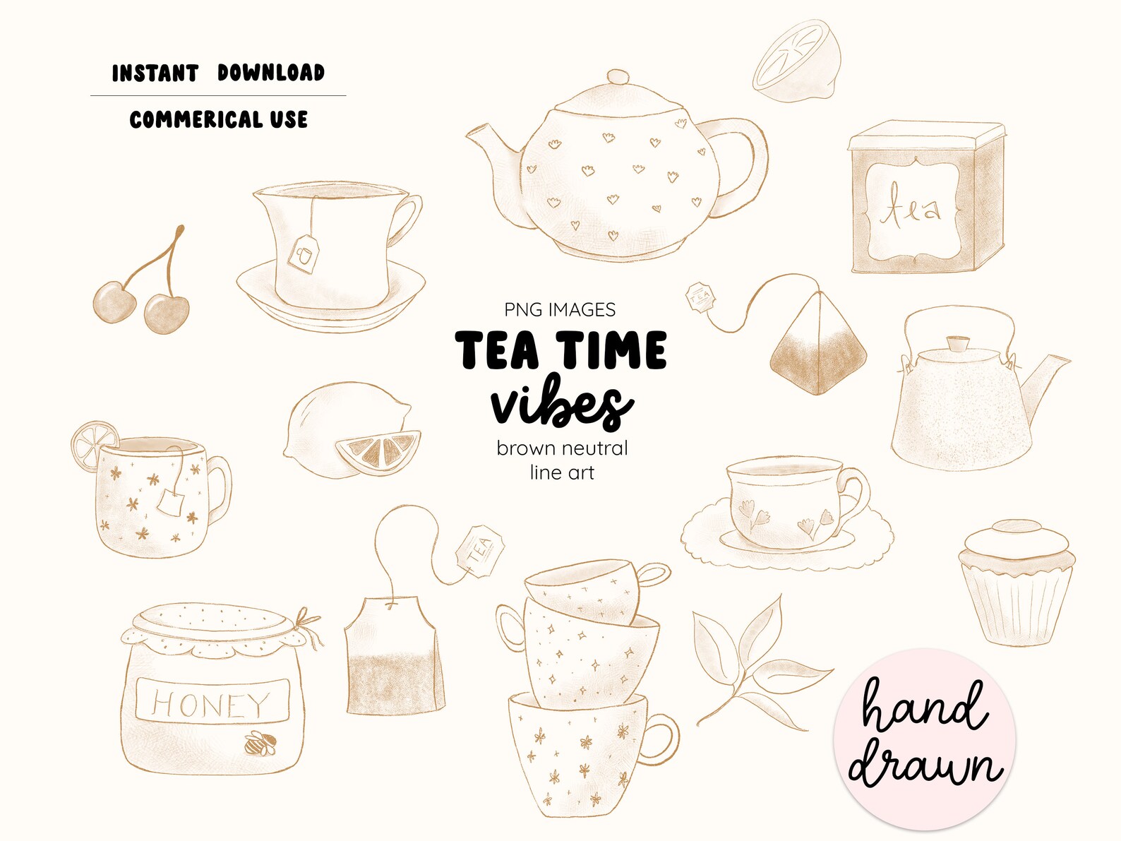 Tea Time Vibes Doodle Clip Art, Cozy Tea Digital Graphic, Pencil Sketch ...