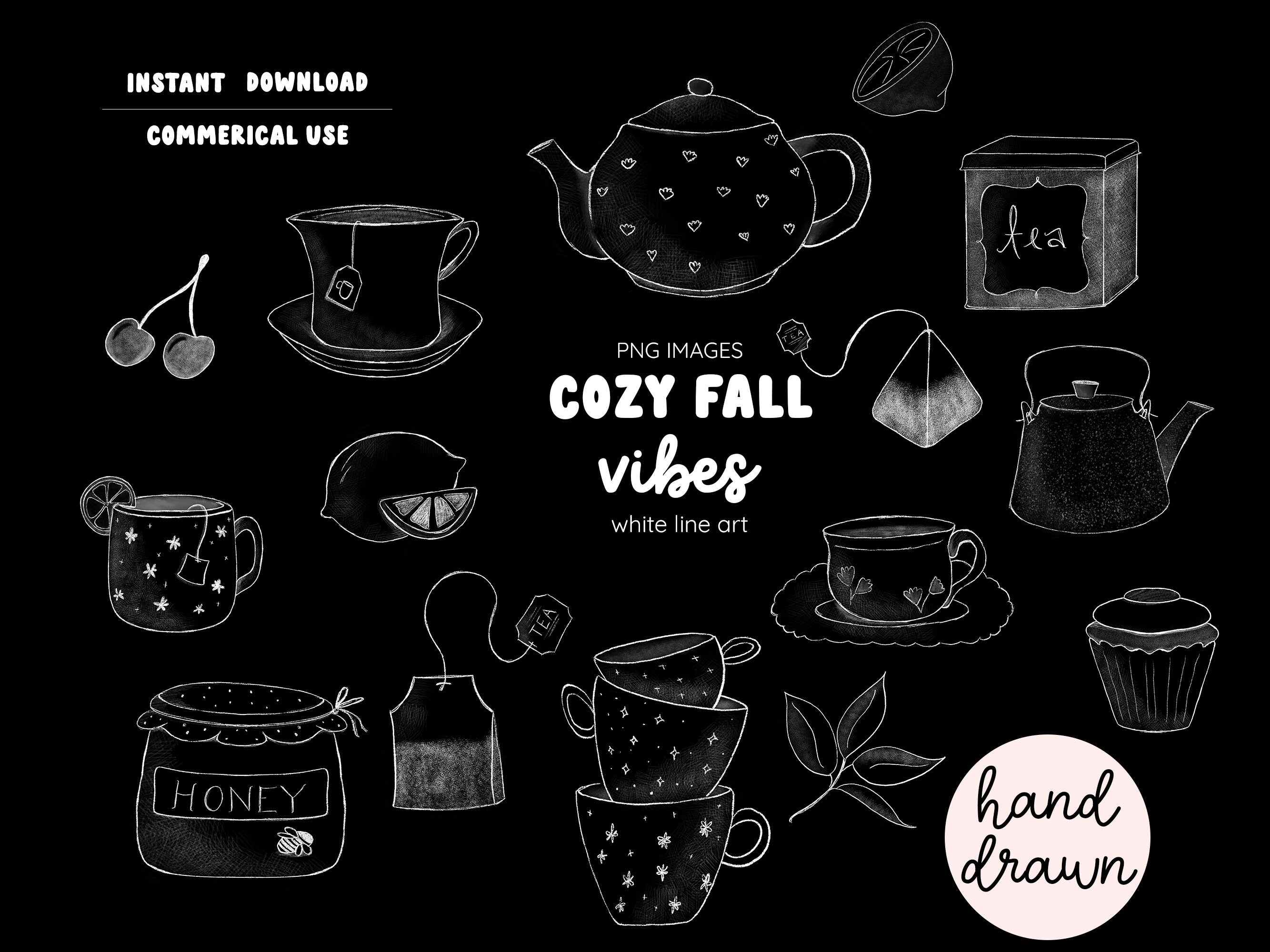 Tea Time Vibes Doodle Clip Art, Cozy Tea Digital Graphic, Pencil Sketch ...