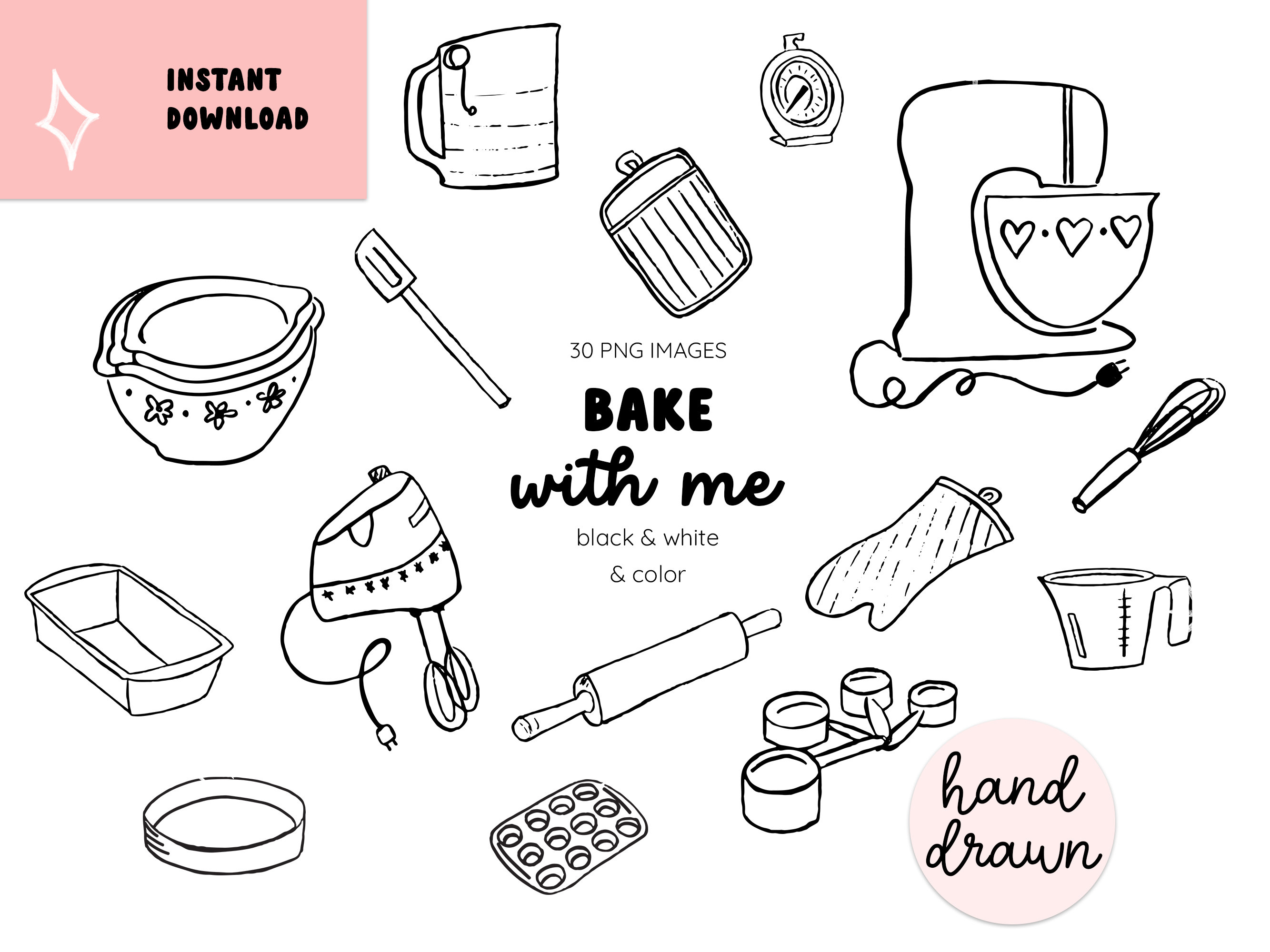 Baking Doodle Clip Art, Retro Bakeware Hand-drawn Black and White and ...