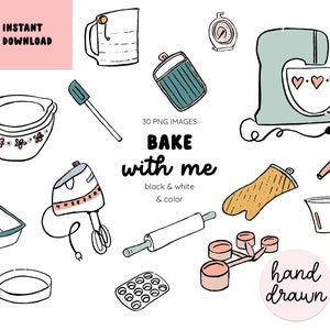 Baking Doodle Clip Art, Retro Bakeware Hand-drawn Black and White and ...