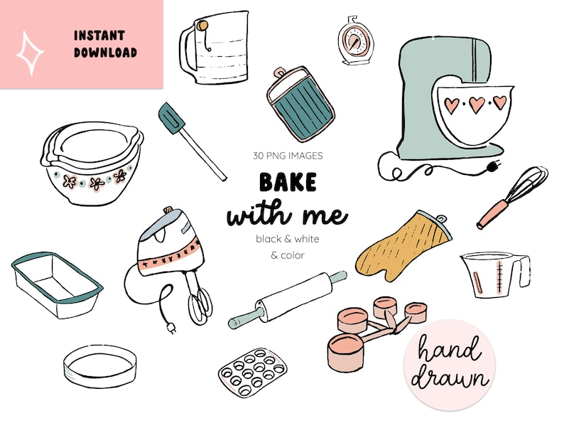 Baking Doodle Clip Art, Retro Bakeware Hand-drawn Black and White and ...