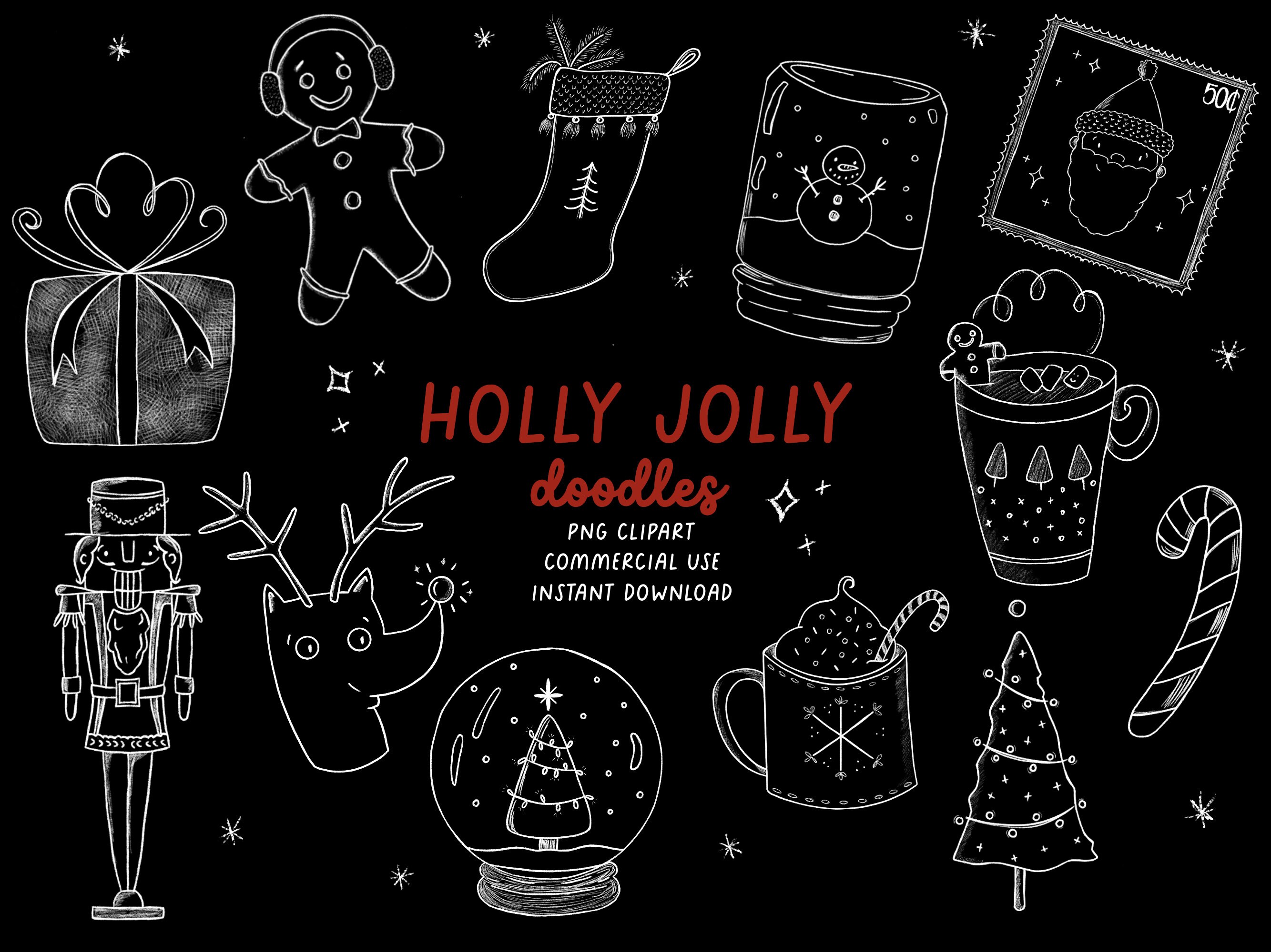 Holly Jolly Christmas Holiday Doodle Clip Art - 36 PNG Graphic Designs ...