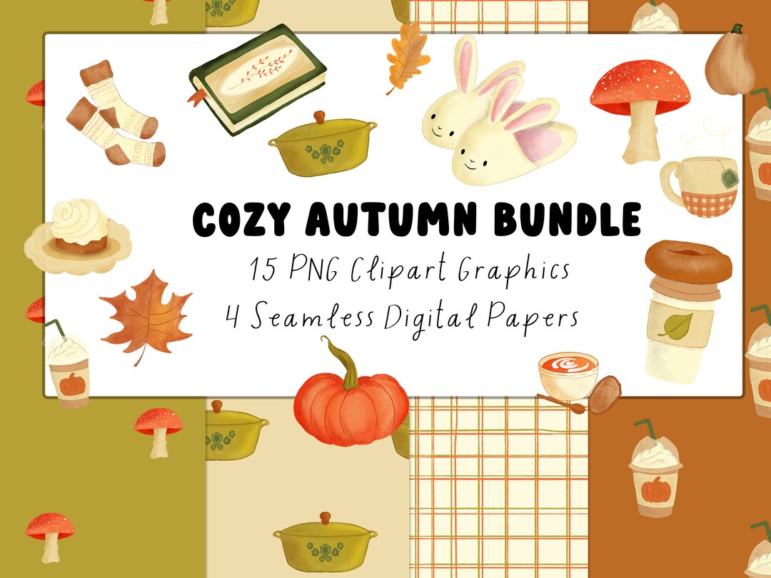 Cozy Fall Clipart Digital Paper Watercolor Bundle, Hand Drawn Autumn ...