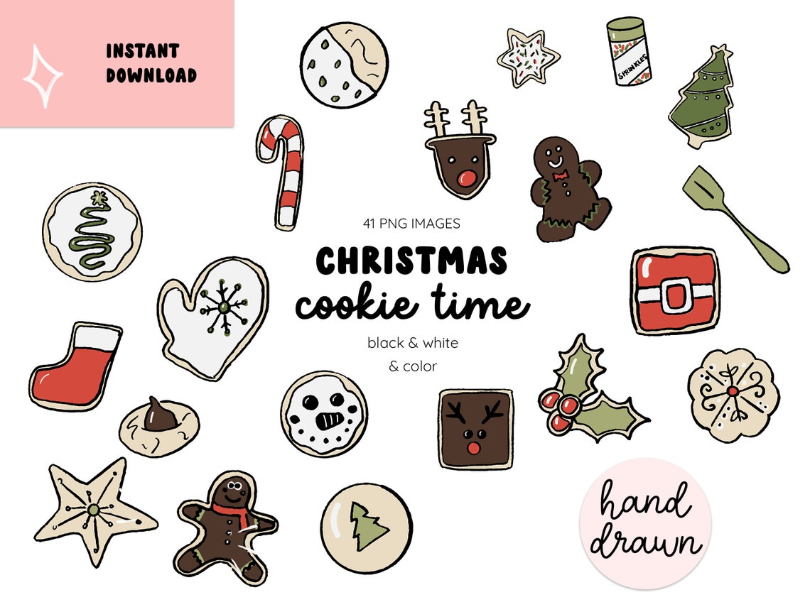 Christmas Cookie Clip Art, Holiday Baking Hand-drawn Black and White ...