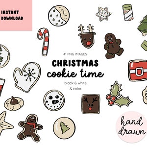 Christmas Cookie Clip Art, Holiday Baking Hand-drawn Black and White ...