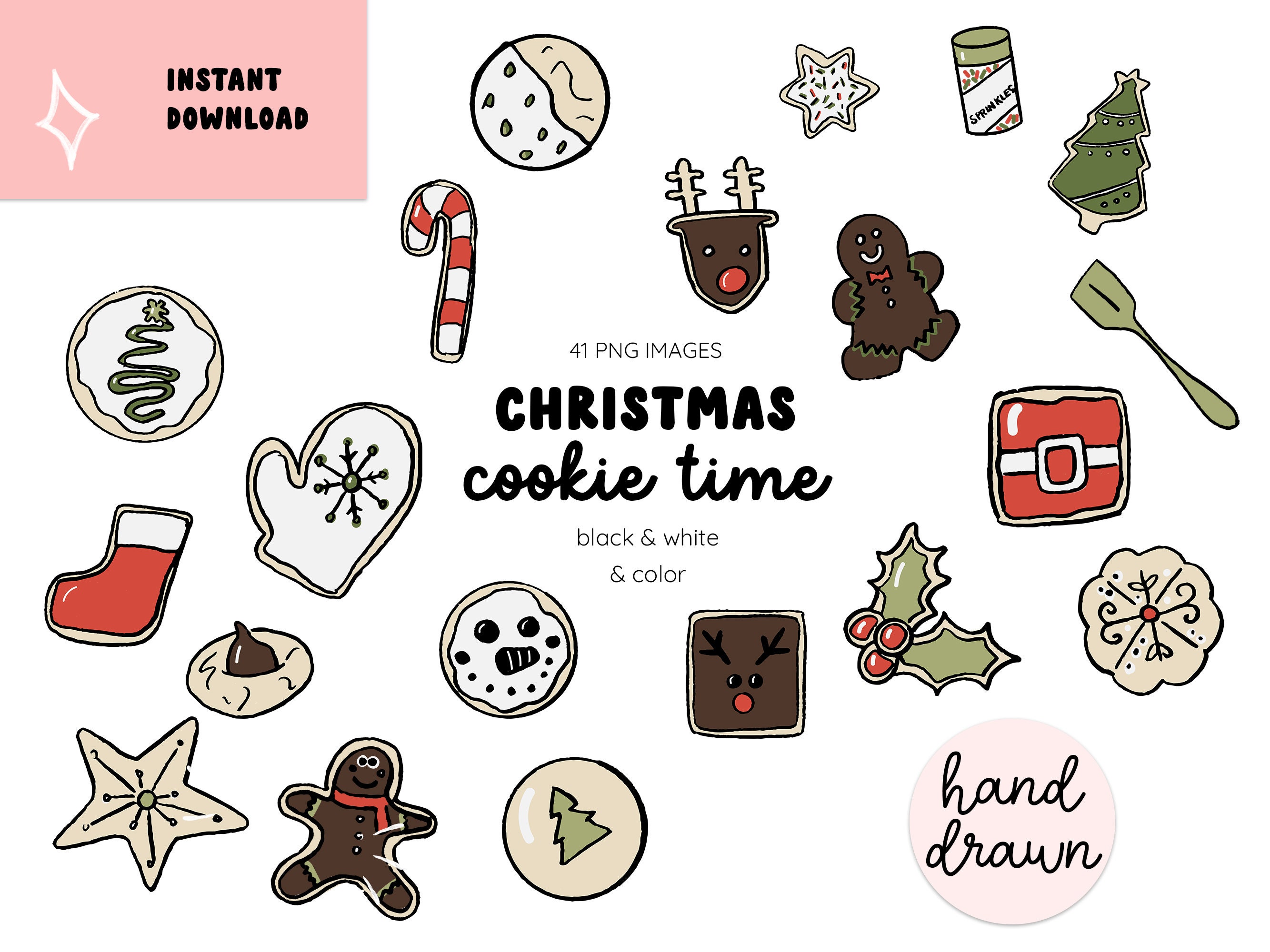 Christmas Cookie Clip Art, Holiday Baking Hand-drawn Black and White ...