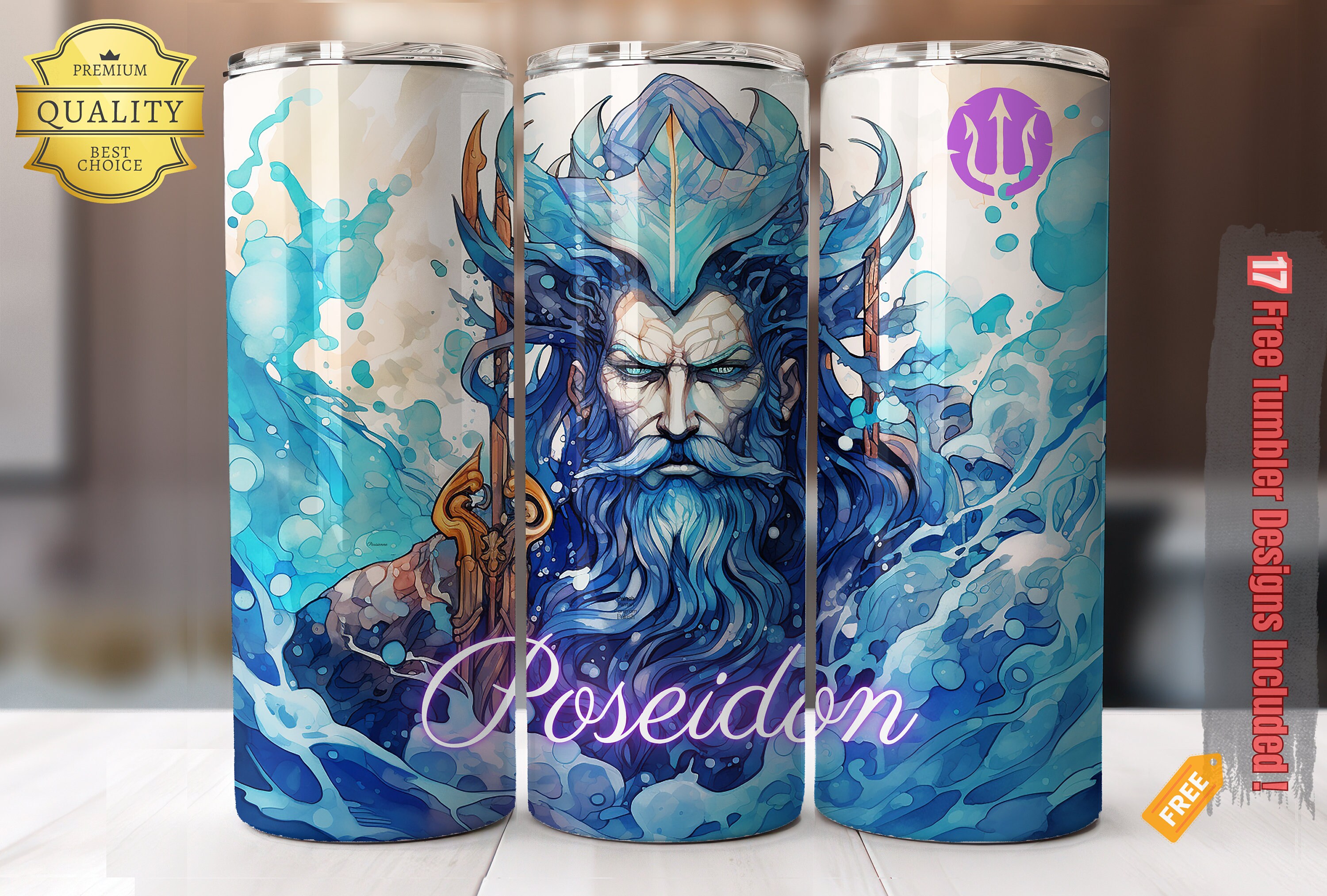 Greek Mythology Tumbler Wrap, Poseidon Sublimation Designs for Digital ...