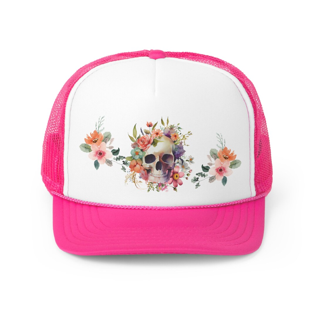 Pink FLORAL SKULL Trucker Caps Skeleton Skull Hat Girlfriend - Etsy