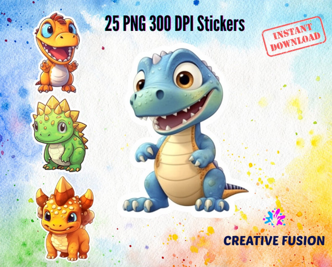 Cute Dino Cartoon Print and Cut Digital PNG Stickers! Pack Includes 25 ...