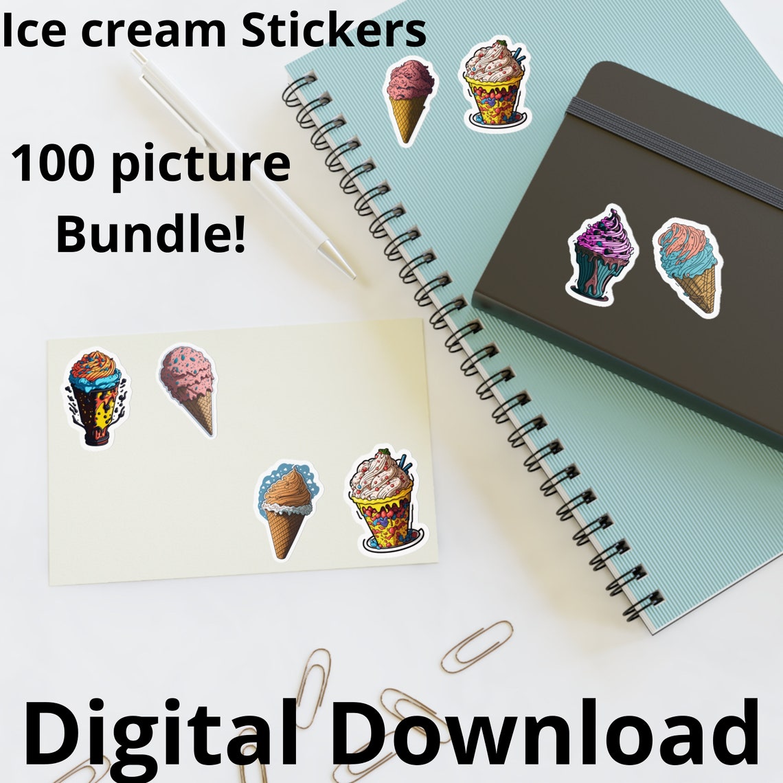 100 Pcs Ice Cream Stickers, Ice Cream Bundle, PNG Download, Fast Food ...