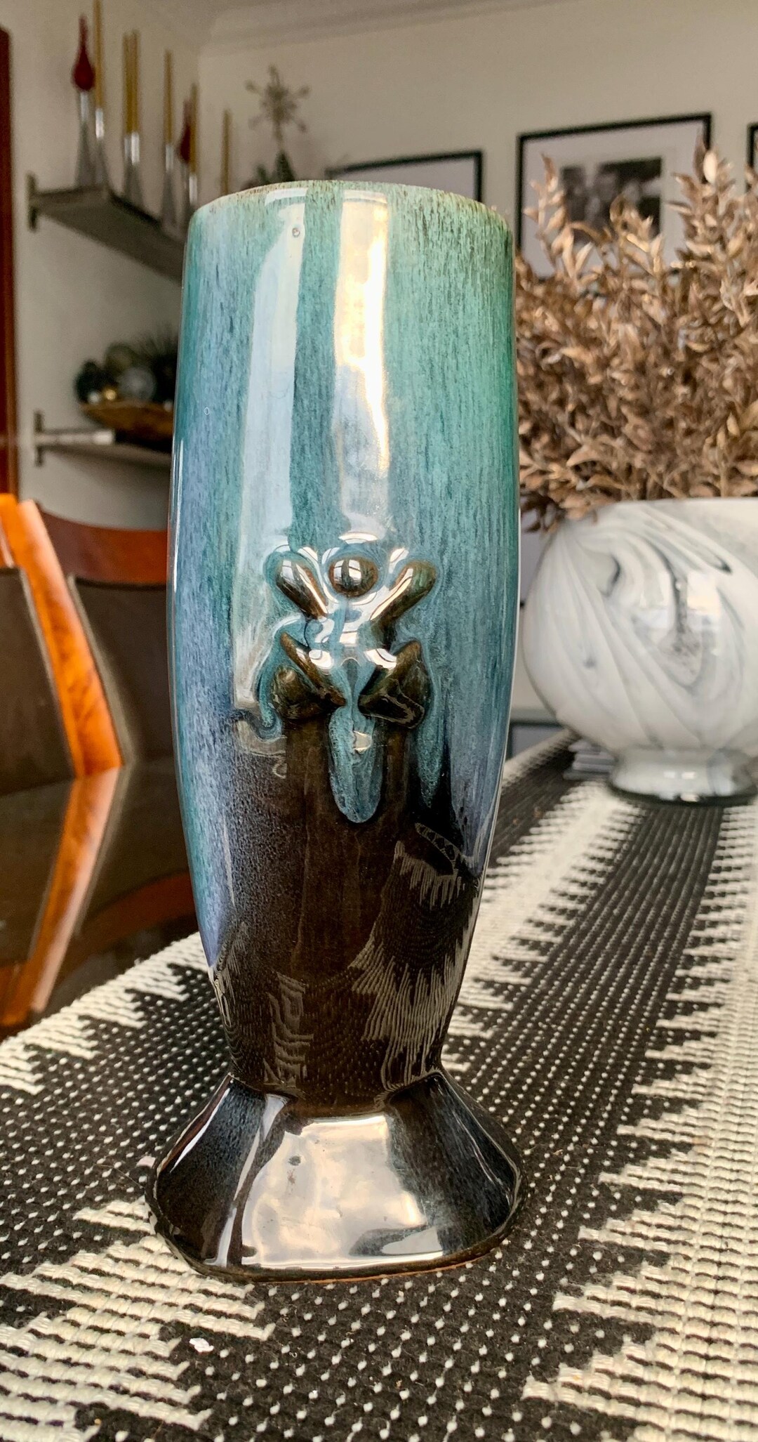 Uncommon Mid-century 9 1/2”x 3 7/8” BMP/? Red Clay/ware Blue/purple ...