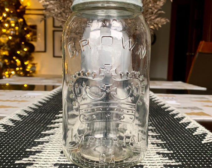 Vintage/antique Clear Glass 8”x 4” CROWN Imperial Qt Mason Jar W/glass ...